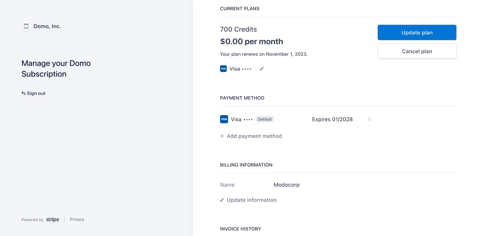 Update Payment Details for Domo Free