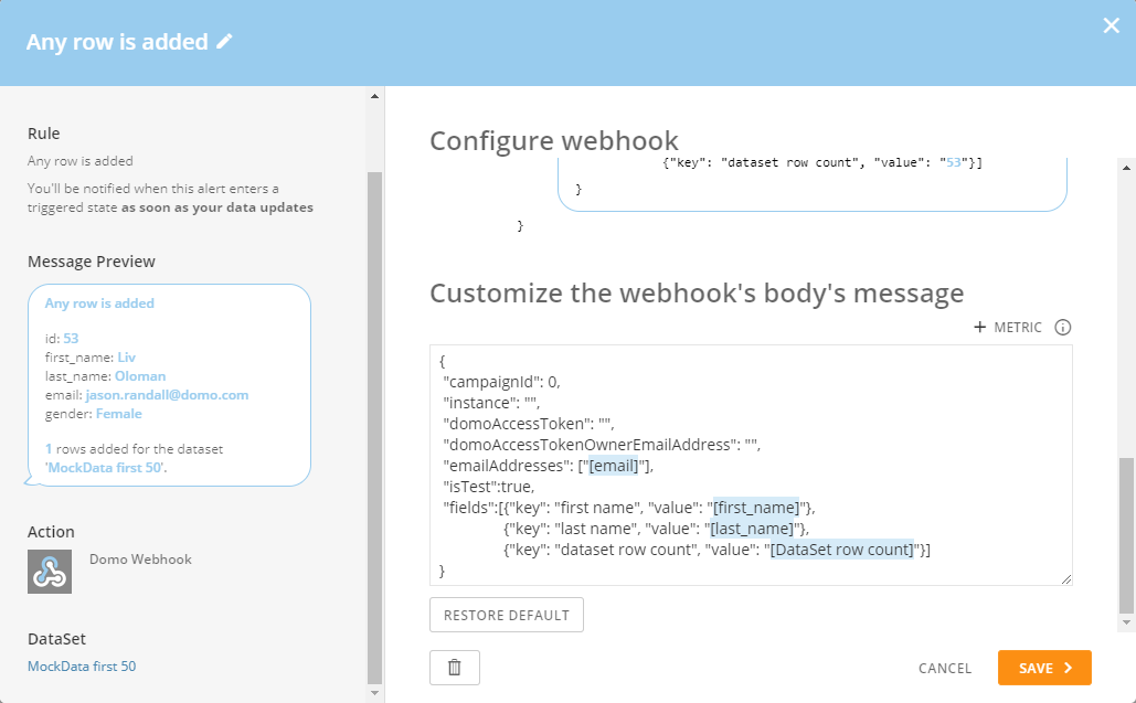 Triggering a Campaign from a Domo DataSet Alert