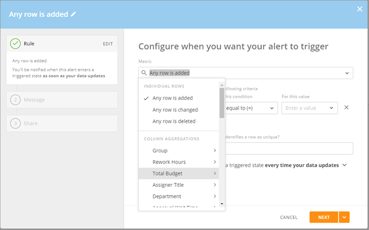 Creating an Alert for a DataSet