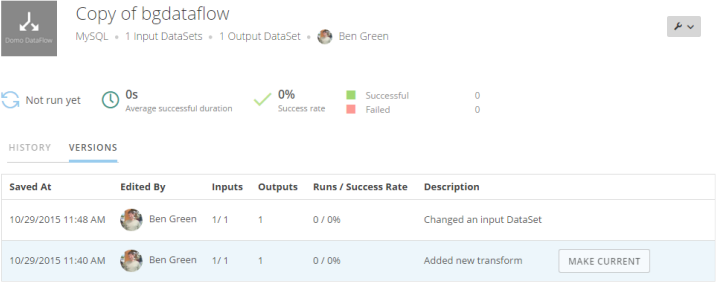 Viewing the Version History for a DataFlow