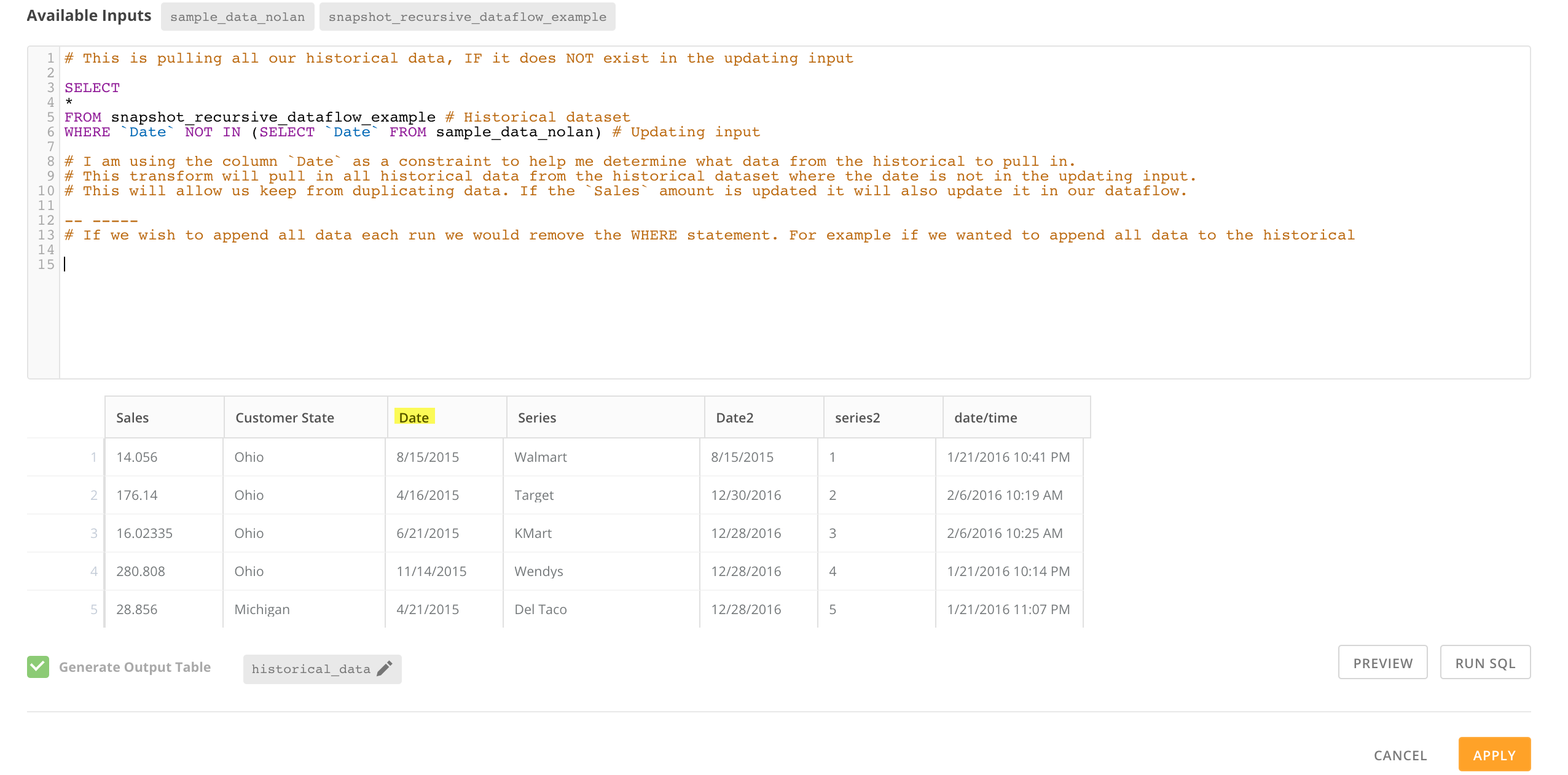 Creating a Recursive/Snapshot SQL DataFlow